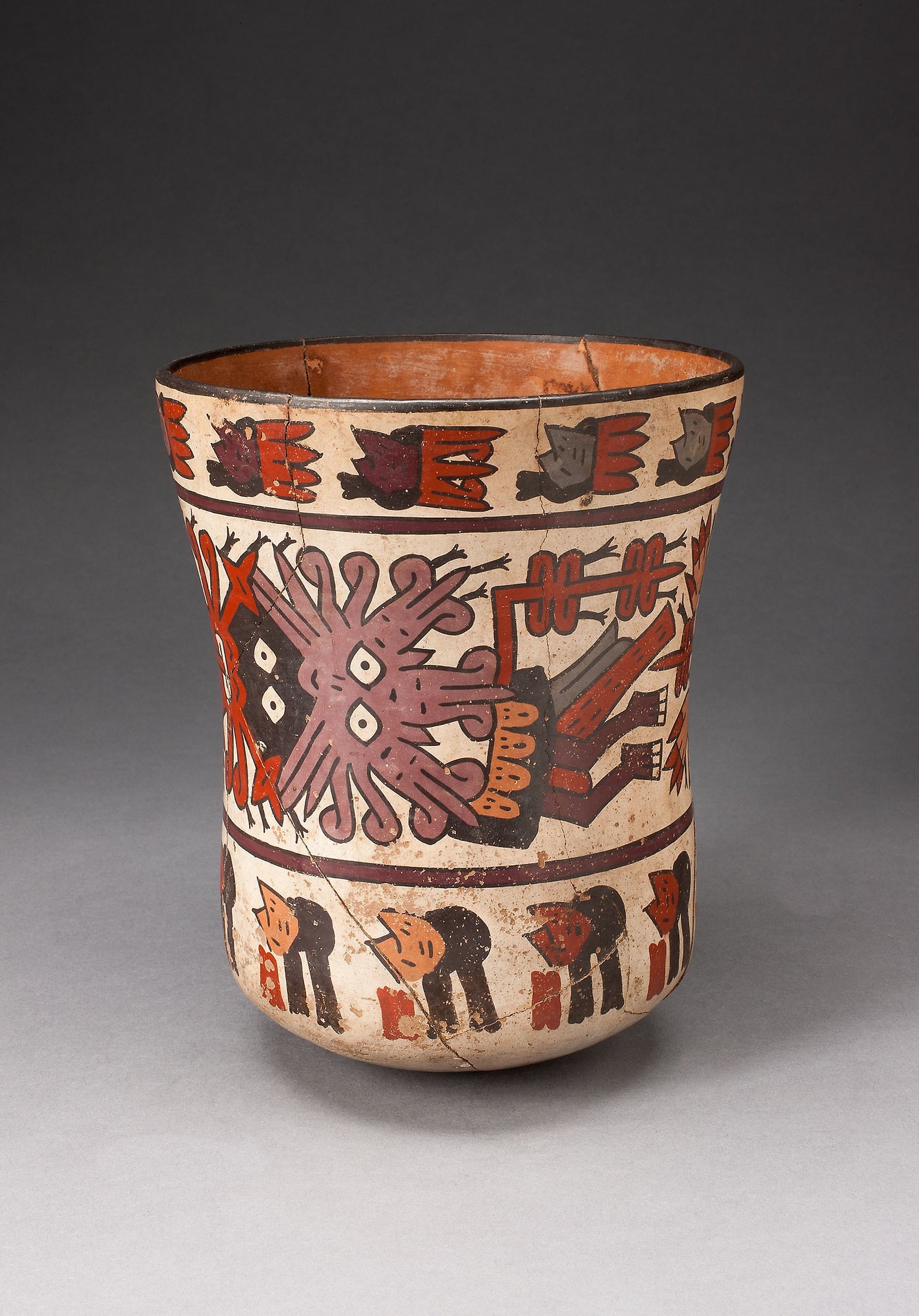 Beaker Depicting Costumed Ritual Performer with Abstract Trophy Heads ...