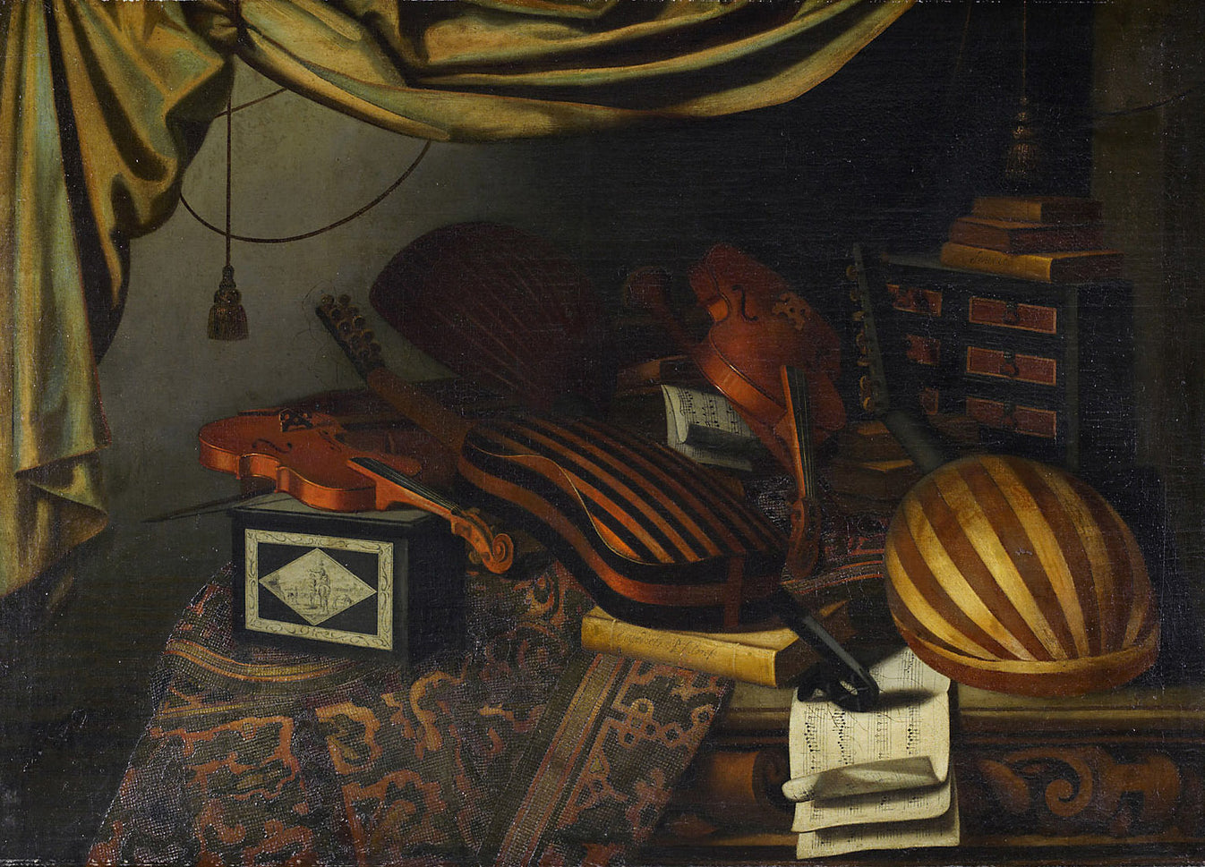 Still Life with Musical Instruments, Sheet Music and Books, vintage ar ...
