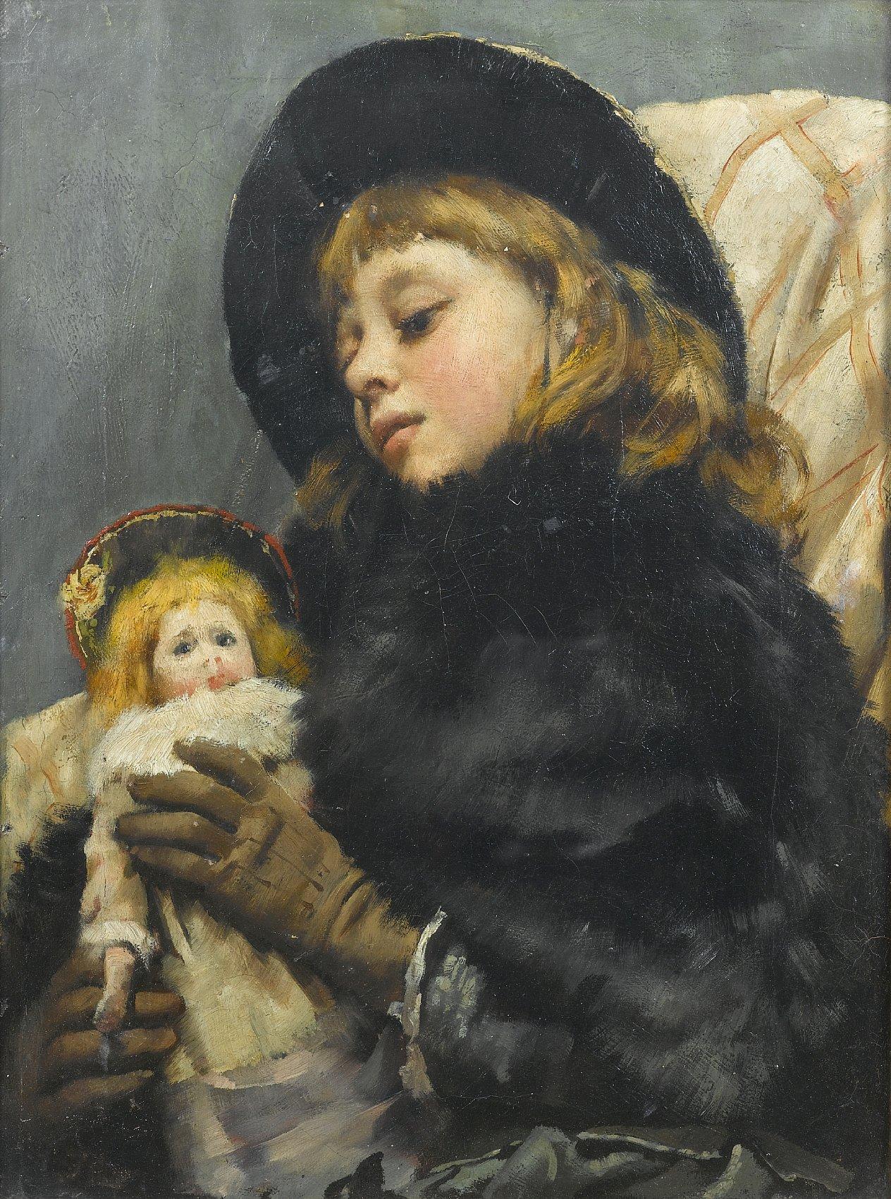 Girl with doll, vintage artwork by Attributed to Thomas Benjamin Kenni ...