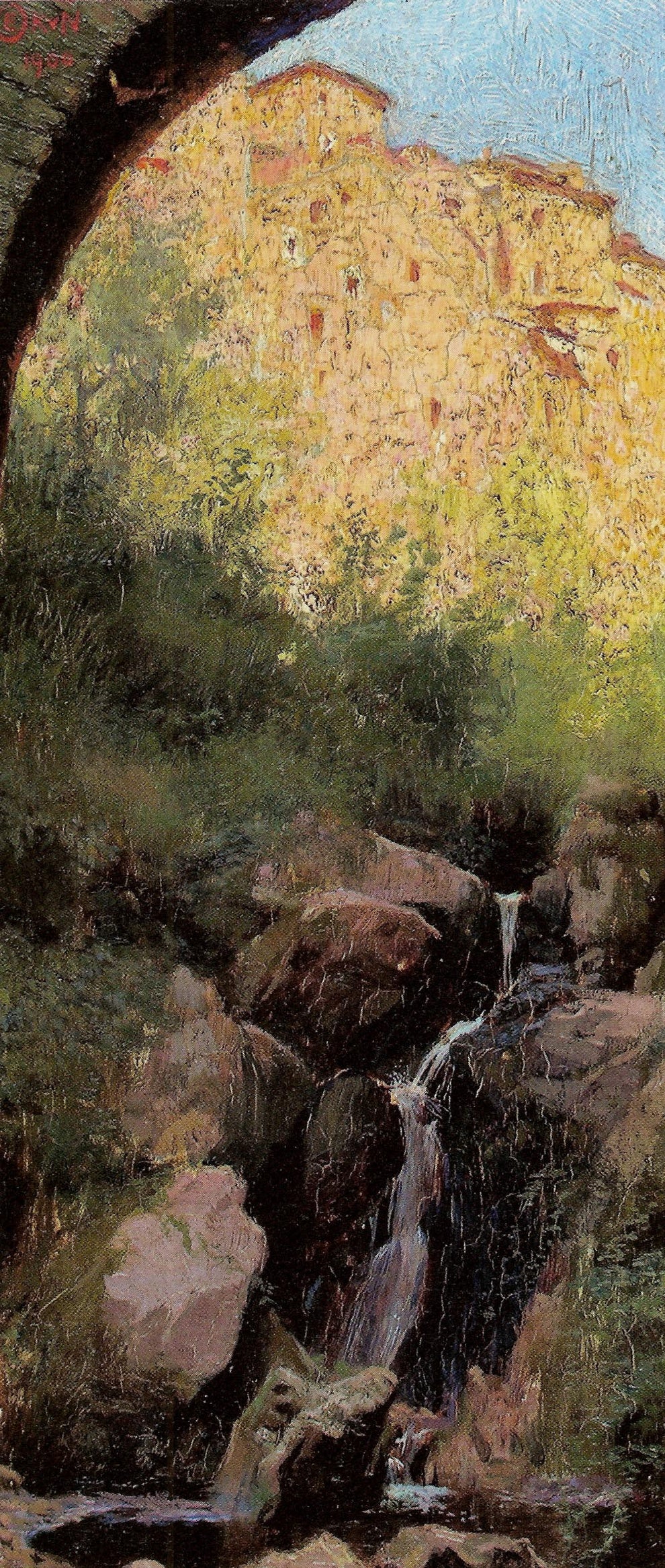 Landscape with a Waterfall and Castle, vintage artwork by Edward Okuń ...