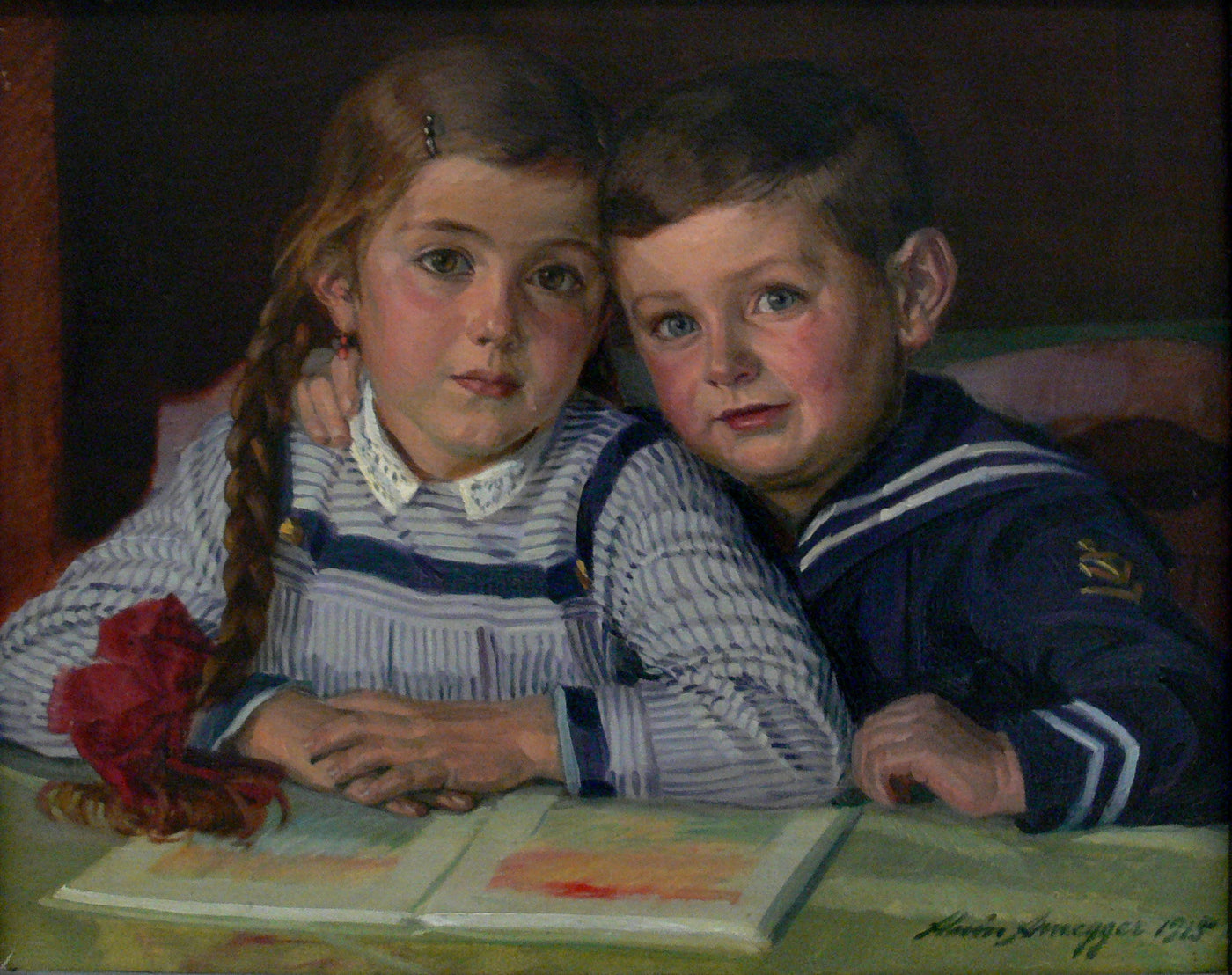 Portrait of the Frommknecht Siblings, vintage artwork by Alwin Arnegge