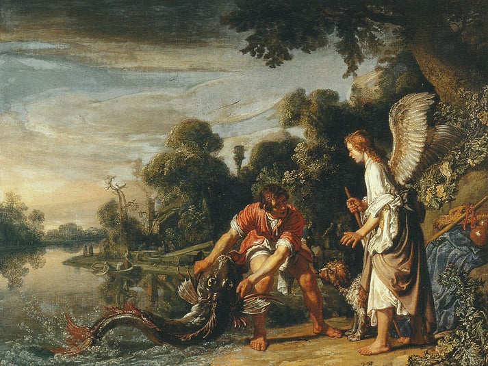 Tobias Catches the Fish, vintage artwork by Pieter Lastman, vintage ar ...