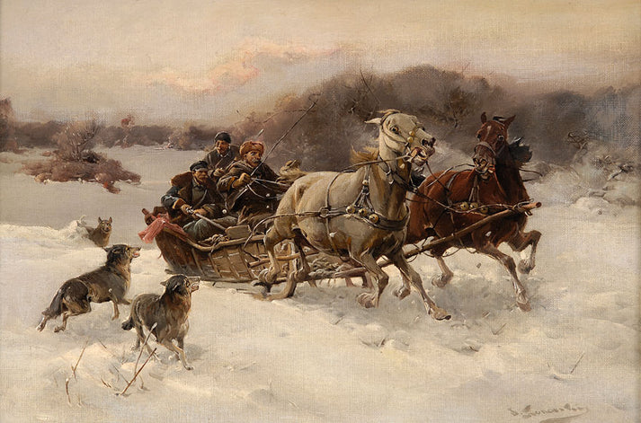 Sleigh Attacked by Wolves, vintage artwork by Jan Konarski, A3 (16x12 ...