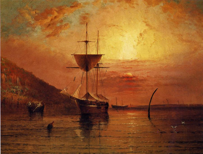 Ships in Calm Water at Sunset by Elisha Taylor Baker – Period Prints