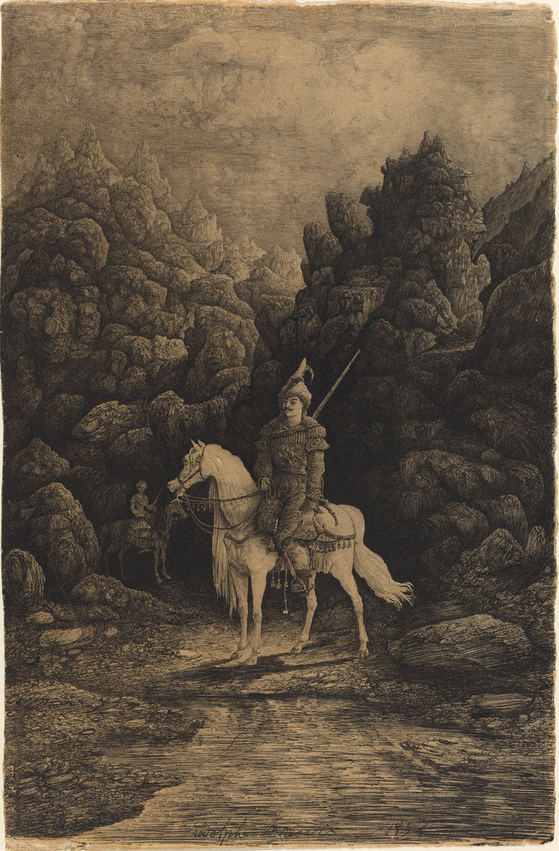 Oriental Horseman in a Desolate Mountain Landscape by Rodolphe Bresdin ...